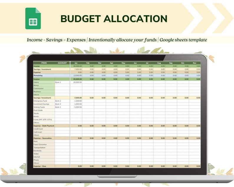 Budget Allocation Template Google Sheets Template Personal Finance - Etsy