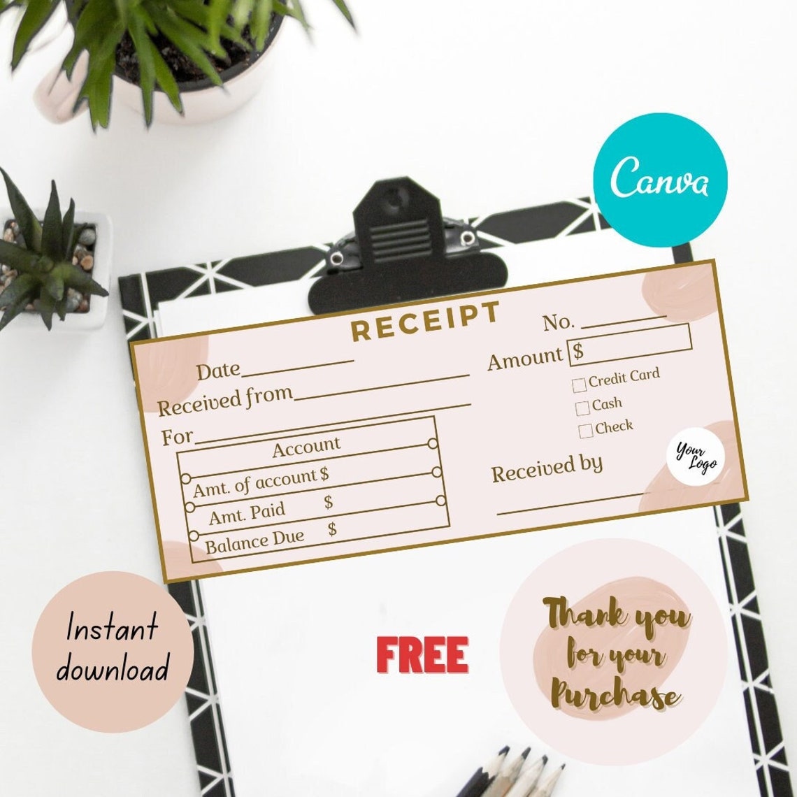 Receipt Template for Small Business Pink Simple Receipt | Etsy