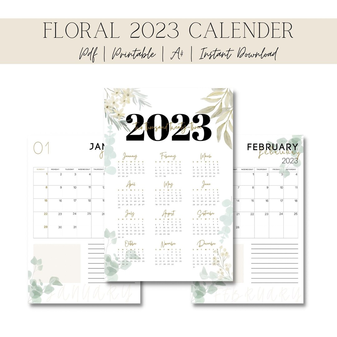 Floral 2023 Calendar, Stylish 2023 Calendar, Floral Monthly Calendar ...