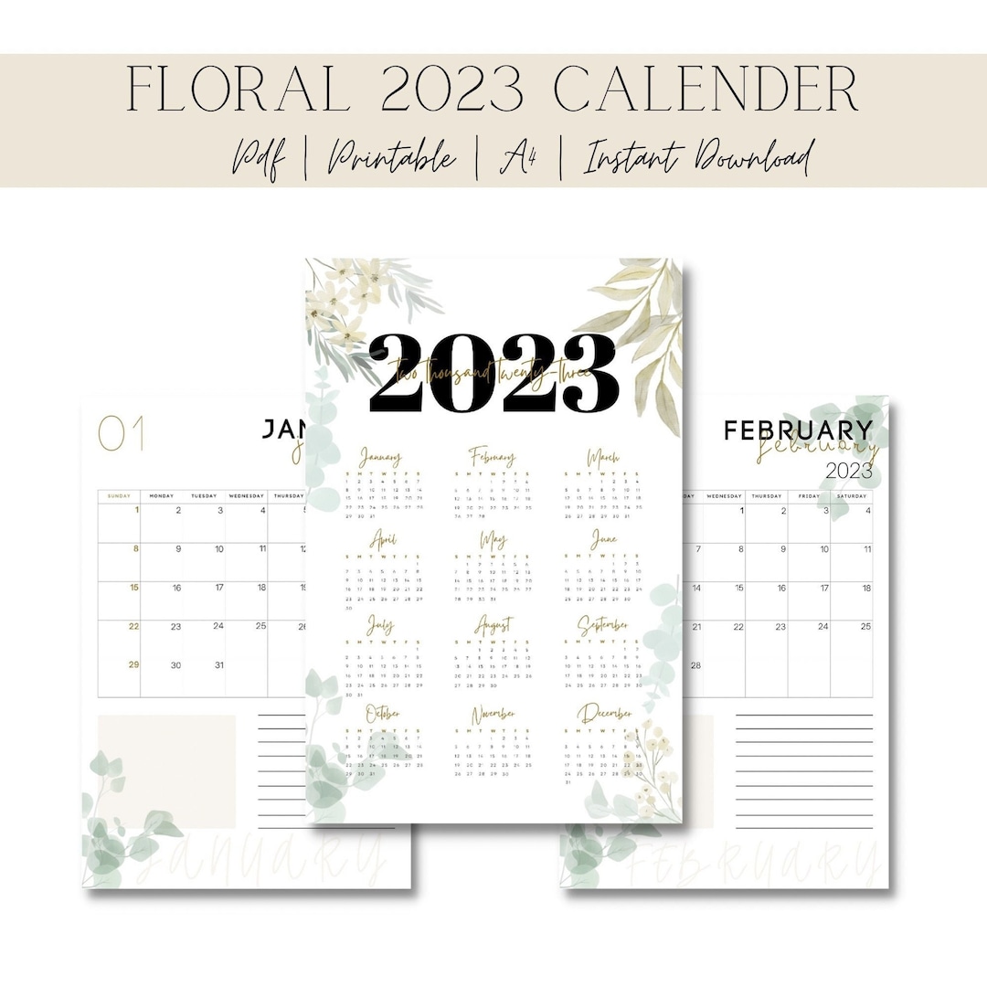 Floral 2023 Calendar, Stylish 2023 Calendar, Floral Monthly Calendar ...
