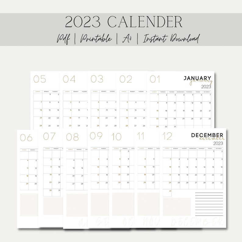 Simple 2023 Calendar, Minimal 2023 Calendar, Neutral Monthly Calendar ...