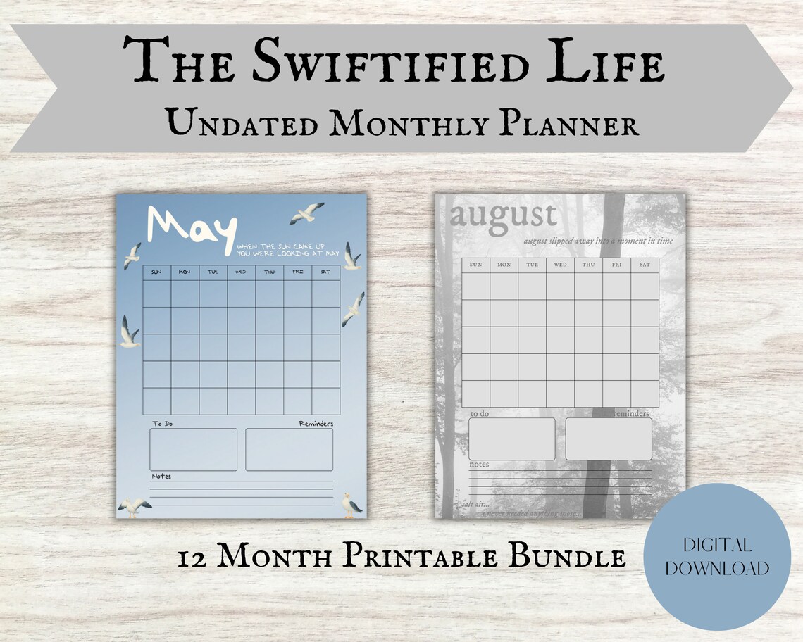 Taylor Swift Era's Inspired Printable Undated Monthly Calendar and ...