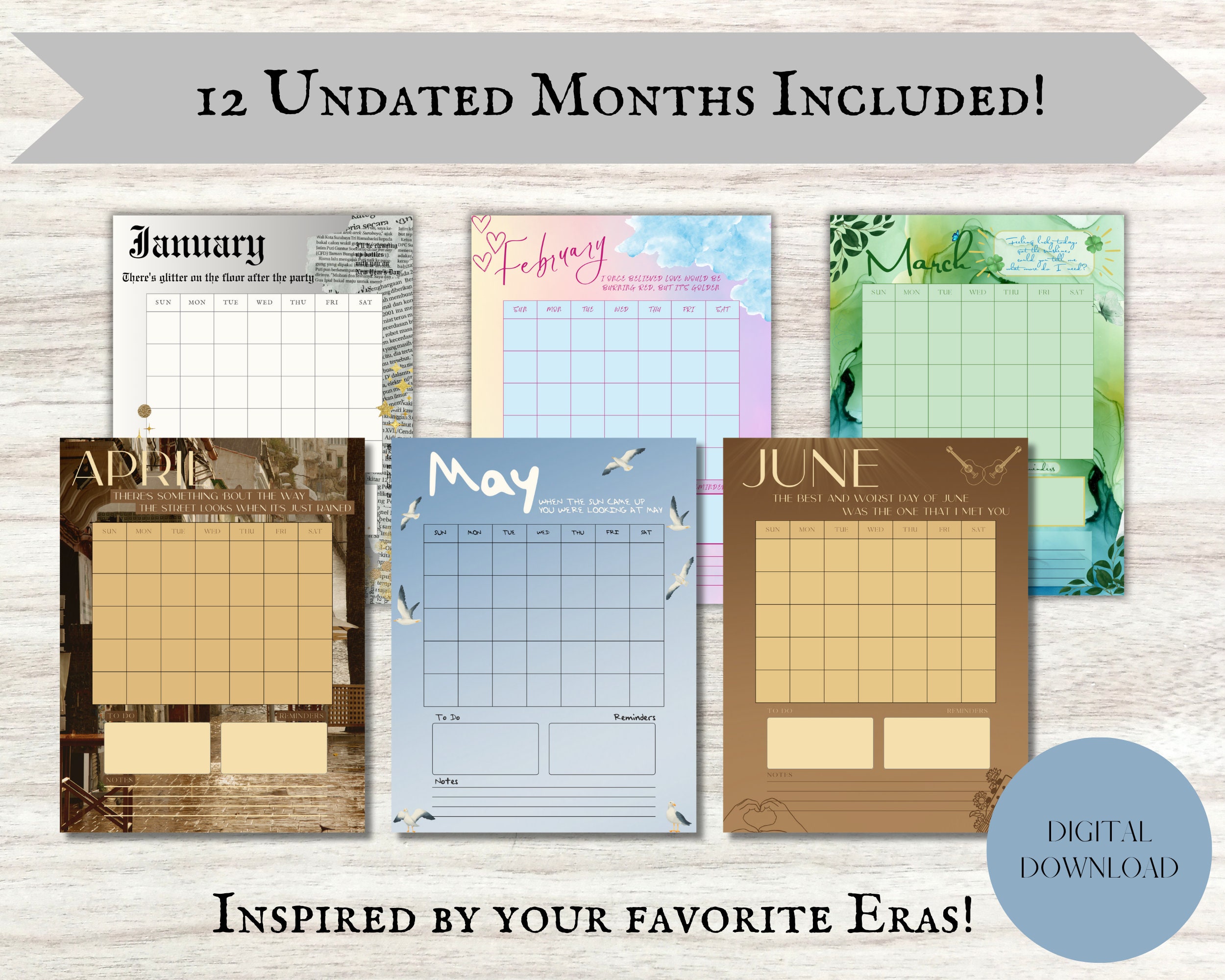 Taylor Swift Era's Inspired Printable Undated Monthly Calendar and ...