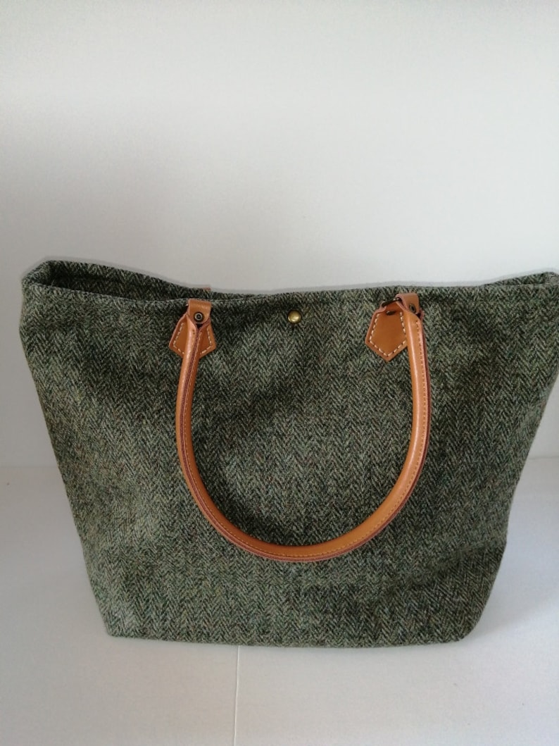 Grey Tweed Tote Bag With Leather Handles, 100% Wool UK Tweed Bag With ...