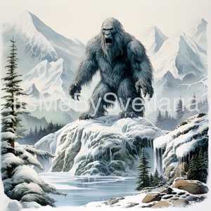 Bigfoot Watercolor Clipart, Fantasy Bigfoot in Mountains Print, Book ...