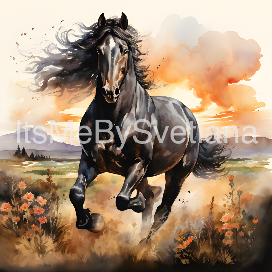 Galloping Horse Watercolor Clipart, Black Horse Watercolor Painting ...