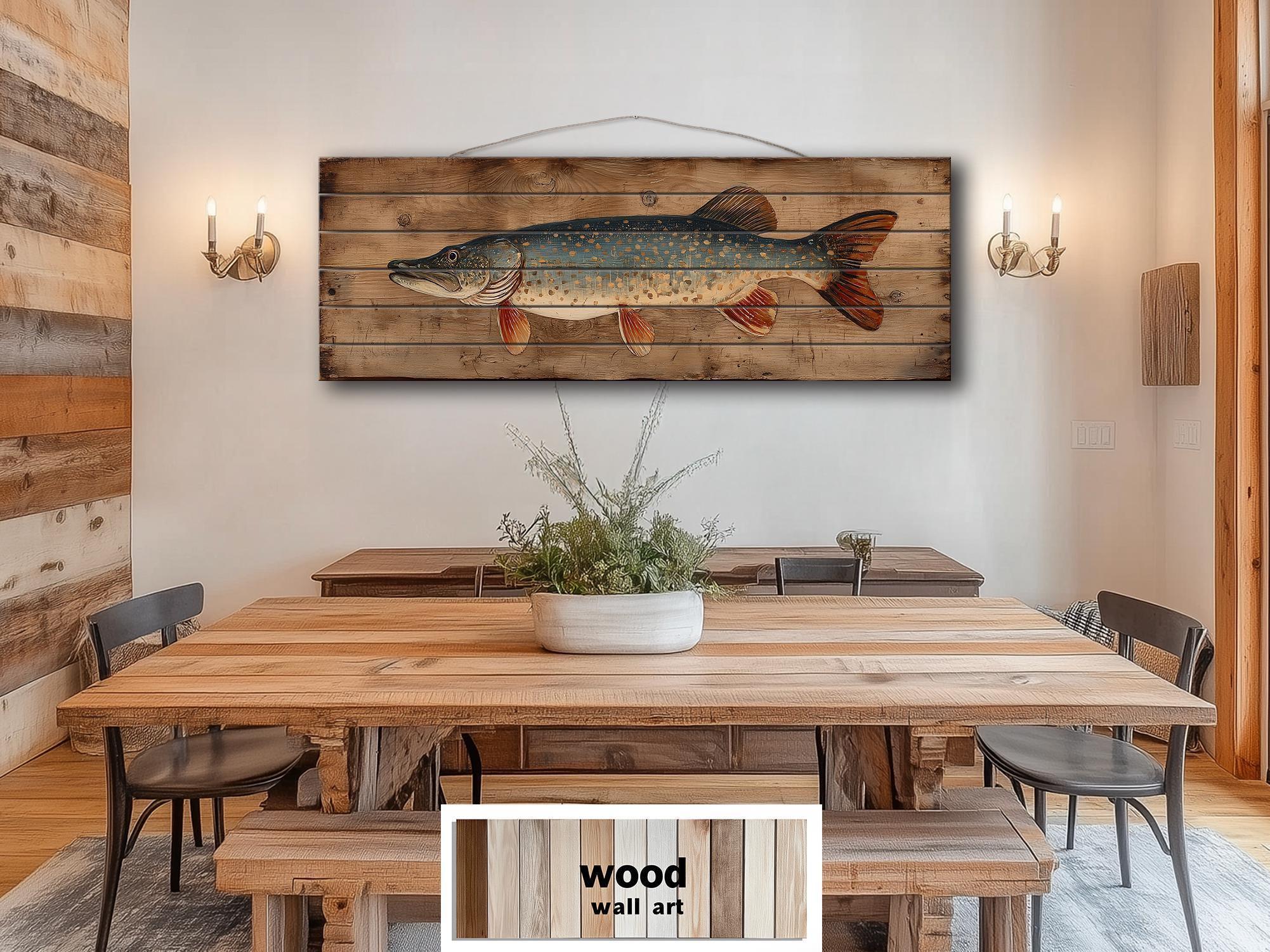 Northern Pike Distressed Wood Wall Art, Rustic Fishing Cabin Print on ...
