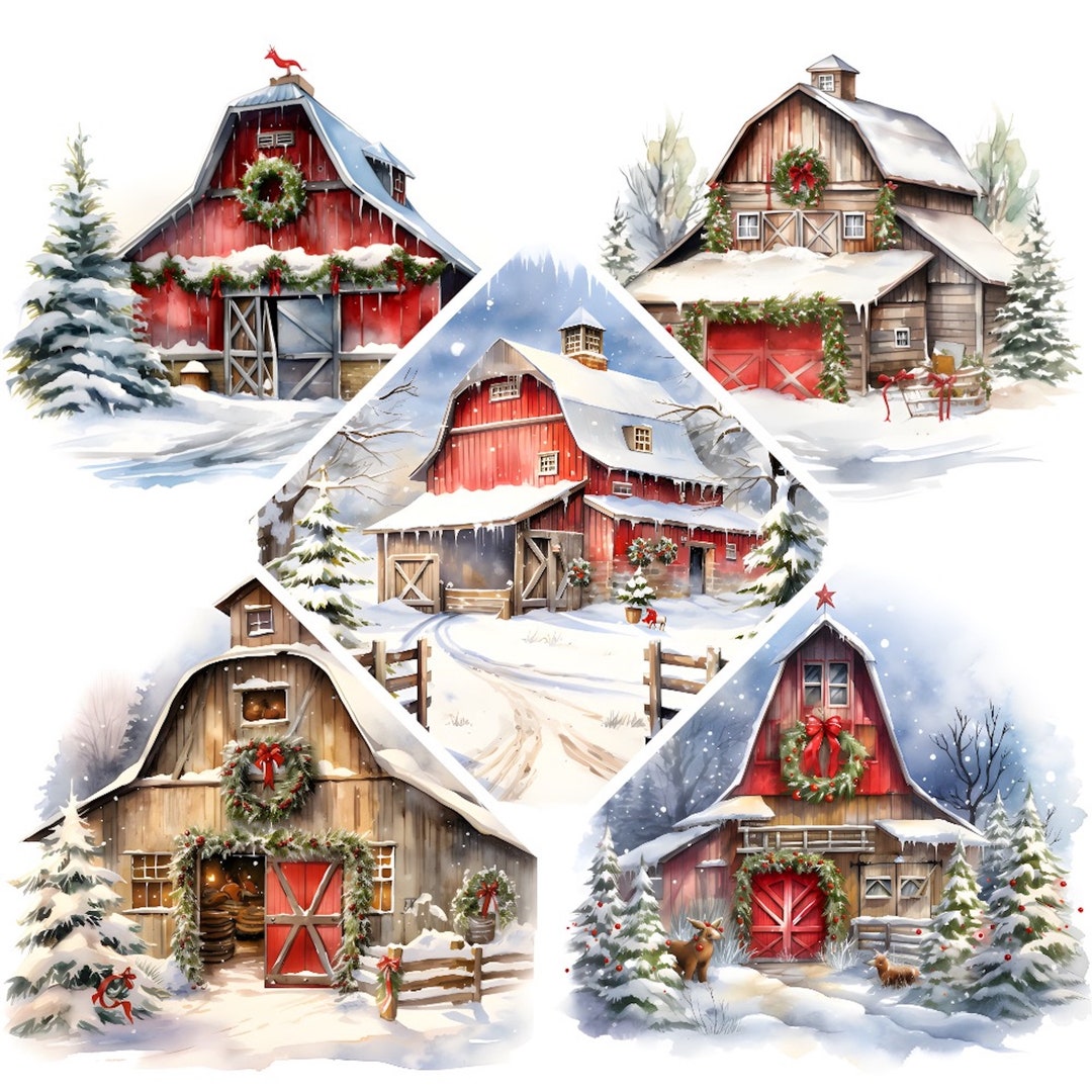 Christmas Farm Barn Watercolor Clipart, Christmas Winter Scene, Book ...