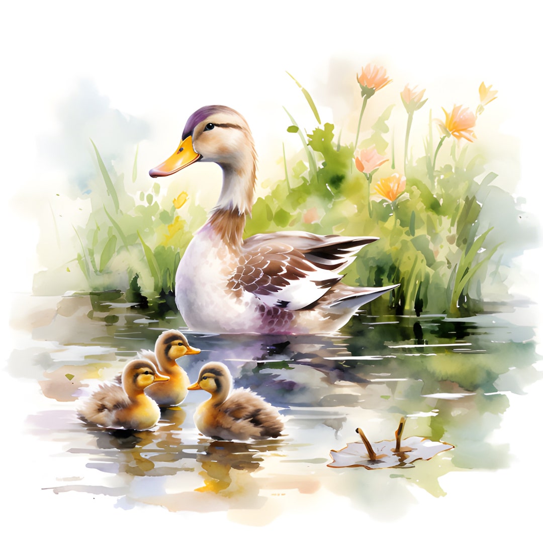 Duck and Ducklings Muted Watercolor Clipart, Ducklings in the Pond ...
