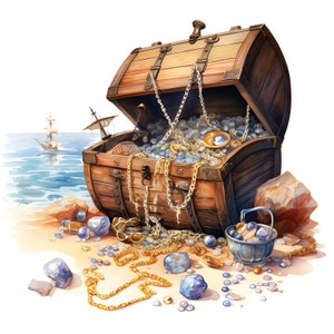 Pirate Chest Watercolor Clipart, Treasure Chest Pirate Ship Clipart, 22 ...