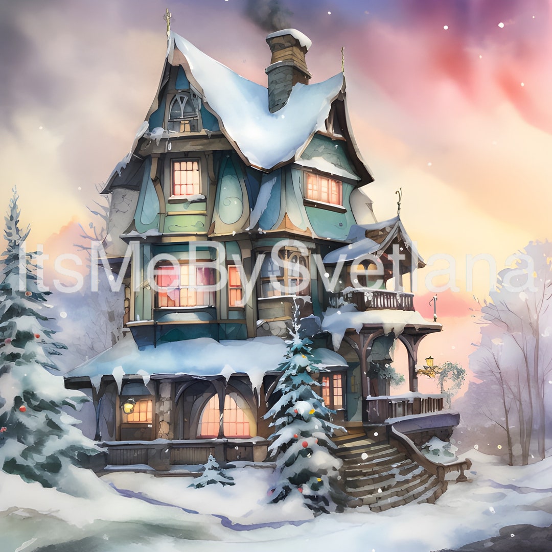 12 Santa's House Muted Watercolor Clipart, Winter Santa's House Print ...