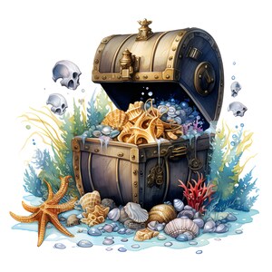 Pirate Chest Watercolor Clipart, Treasure Chest Pirate Ship Clipart, 22 ...