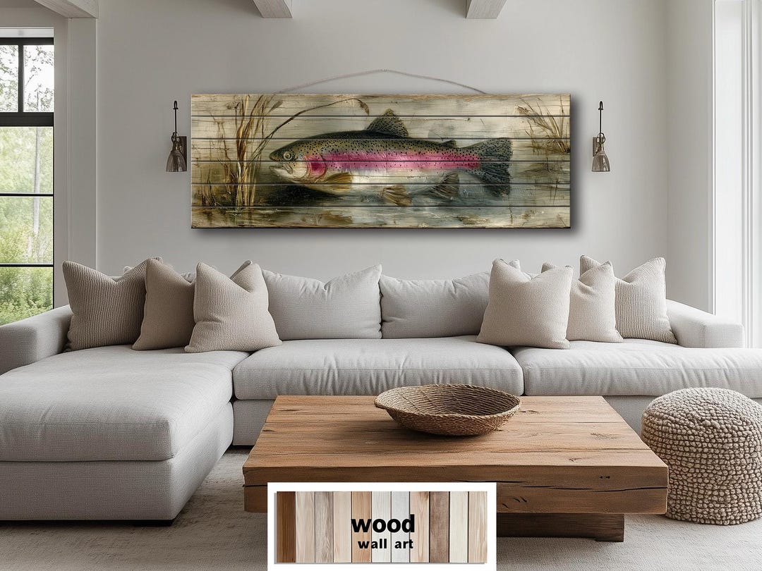 Rainbow Trout Lake Scene Distressed Wood Wall Art, Long Horizontal ...