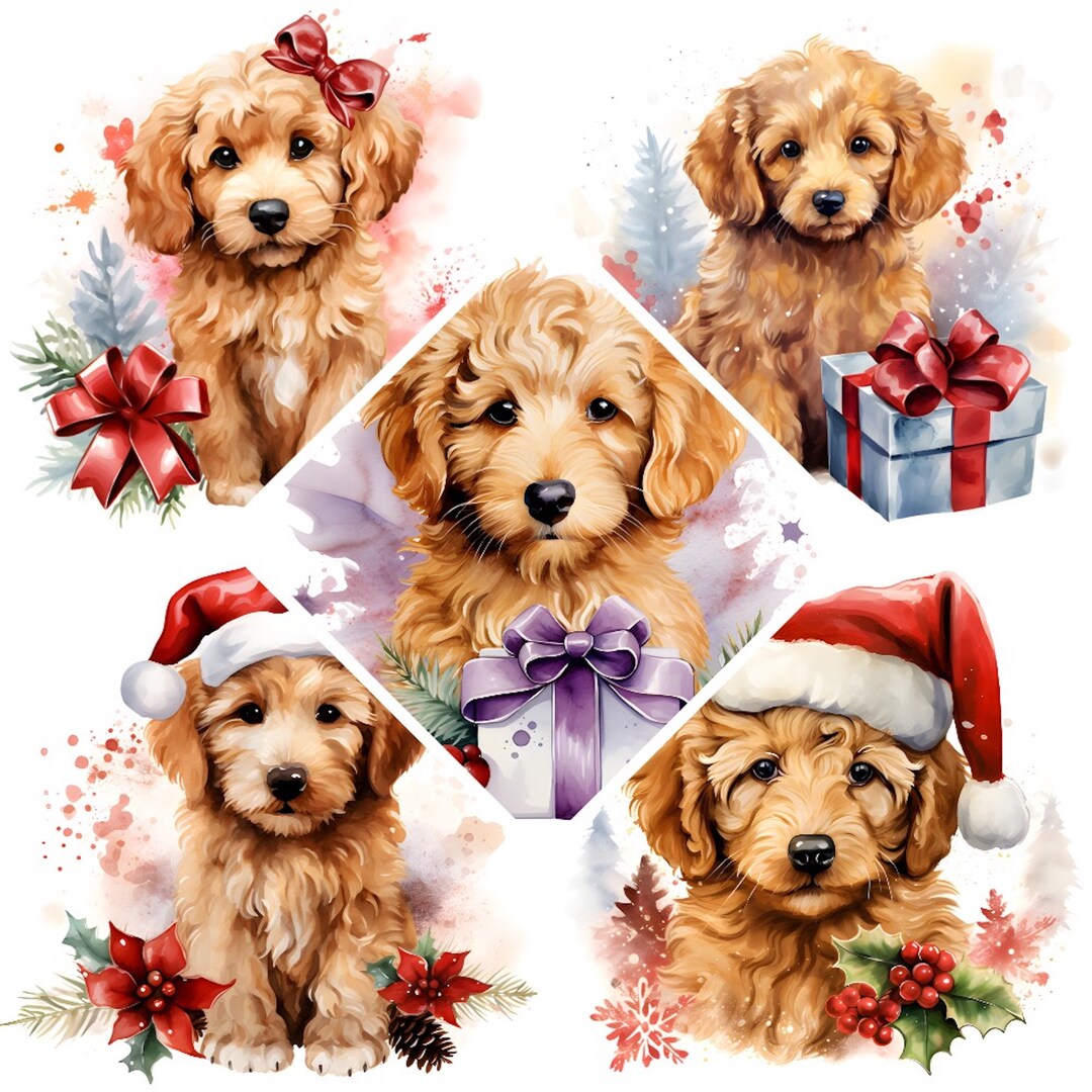 Christmas Goldendoodle Puppy Dog Watercolor Clipart, Golden Doodle ...