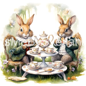 Bunnies Tea Party Watercolor Clipart, Cute Animals High Quality Jpgs ...