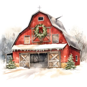Christmas Farm Barn Watercolor Clipart, Christmas Winter Scene, Book ...