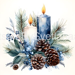 Christmas Candle Watercolor Clipart, Christmas Blue Candle Painting ...