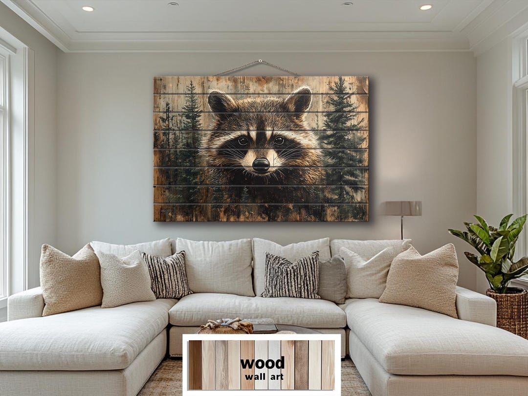 Rustic Raccoon in Pine Trees Distressed Wood Wall Art Printed on Real ...