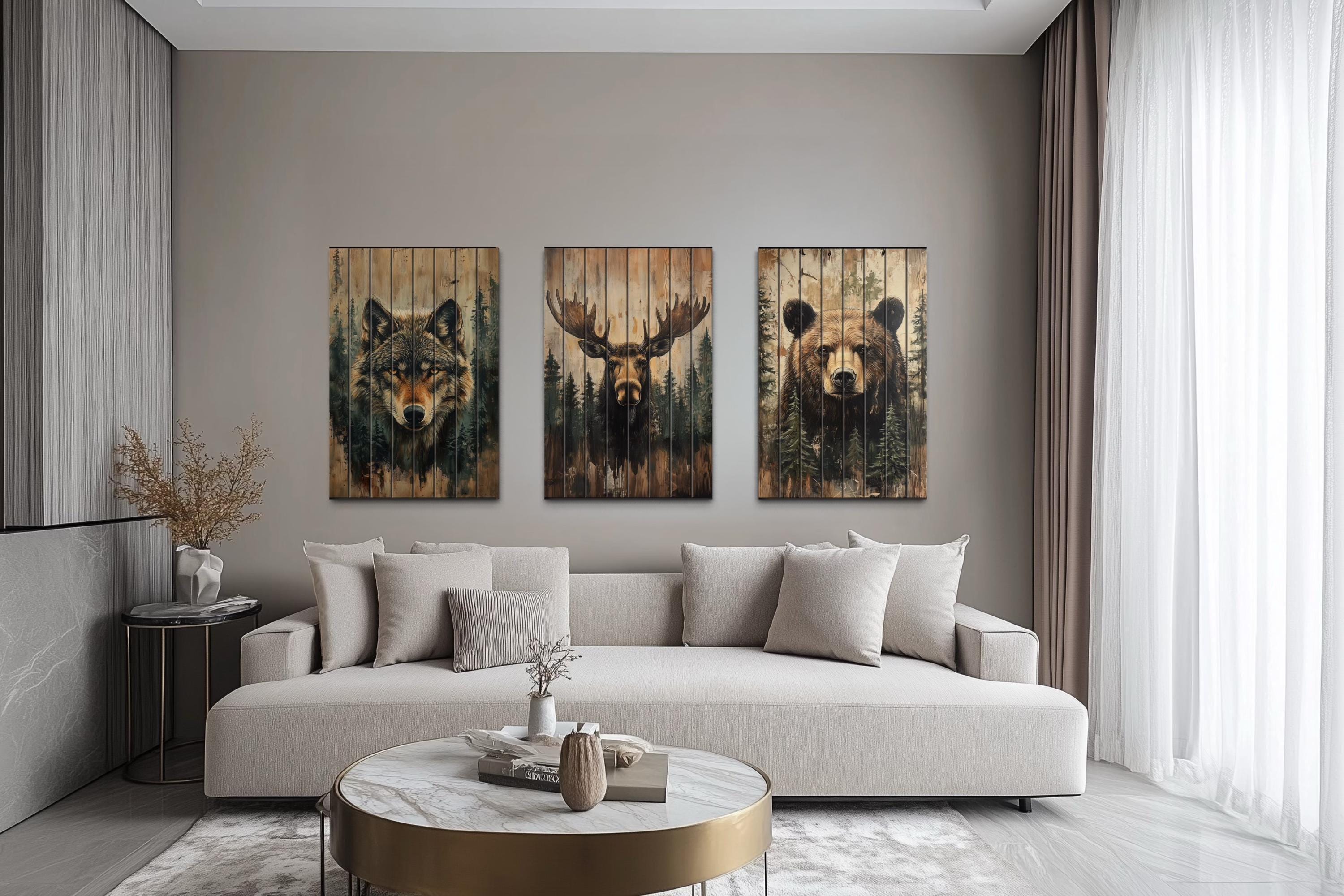 Rustic Cabin Wildlife Decor – Set of 3 Wolf Moose Bear Distressed ...