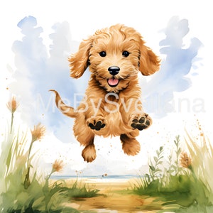 Cute Goldendoodle Puppy Dog Watercolor Clipart, Golden Doodle Print ...
