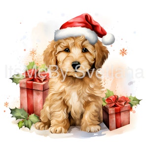 Christmas Goldendoodle Puppy Dog Watercolor Clipart, Golden Doodle ...