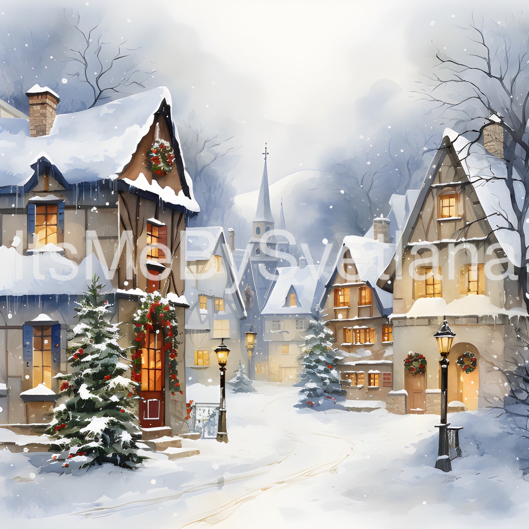 Winter Village Clipart, Watercolor Christmas Village, Christmas Scene ...