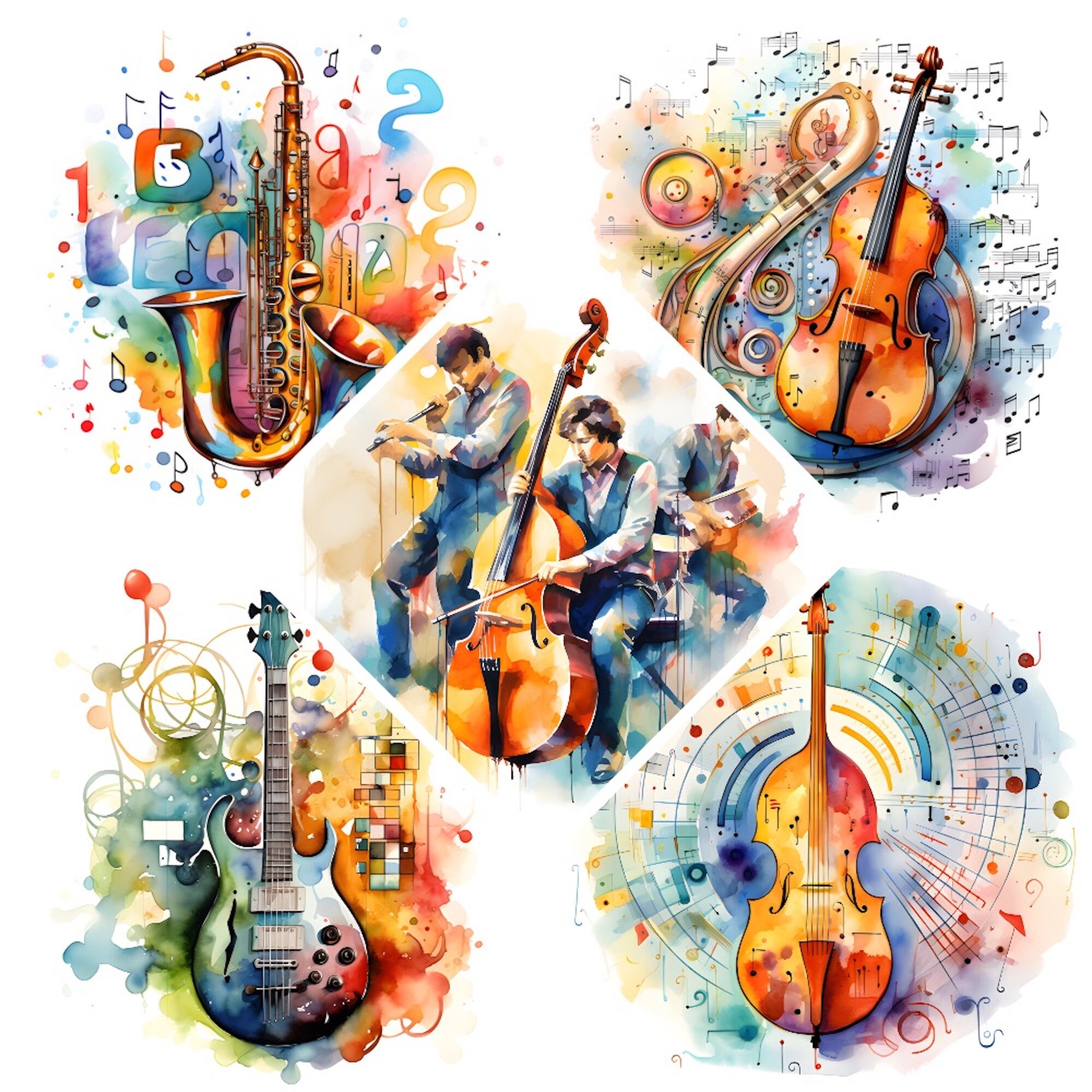 Musical Instruments Watercolor Clipart Fantasy Guitar - Etsy