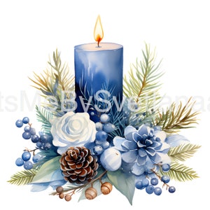 Christmas Candle Watercolor Clipart, Christmas Blue Candle Painting ...