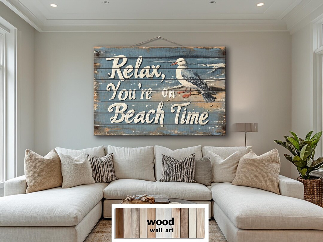 Coastal Distressed Wood Wall Art – Relax You’re on Beach Time Seagull ...