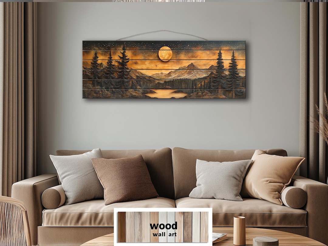 Full Moon Over Mountains Distressed Wood Wall Art Print Long Horizontal ...