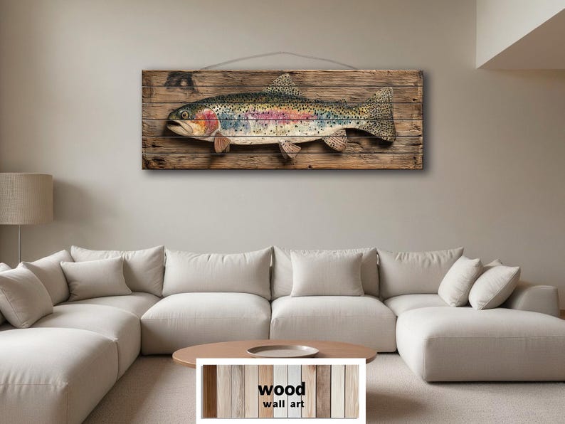 Rainbow Trout Distressed Wood Wall Art, Rustic Long Horizontal Fish ...