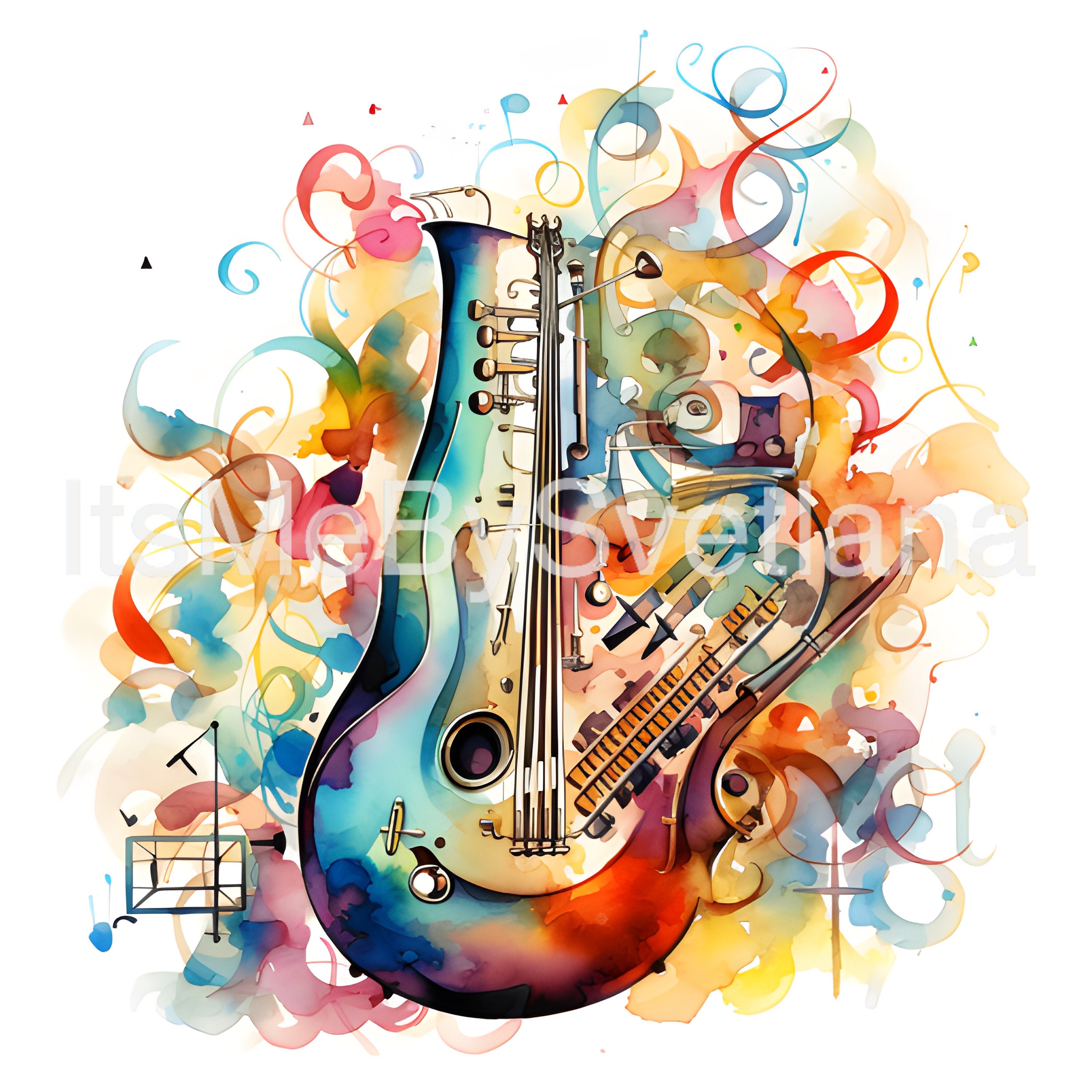 Musical Instruments Watercolor Clipart Fantasy Guitar - Etsy