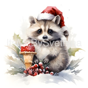 Christmas Baby Raccoon Clipart, 24 JPG Watercolor Files, Digital ...