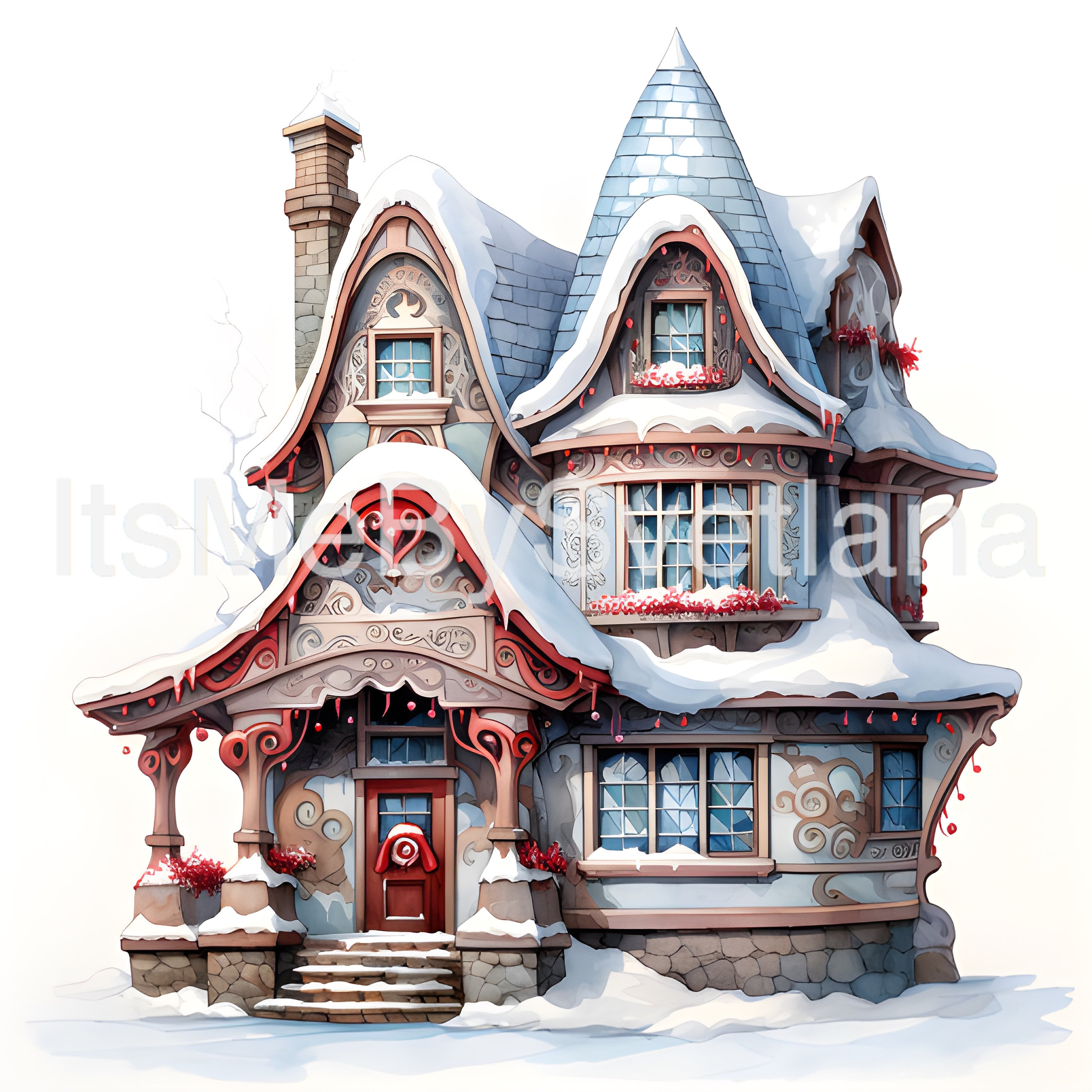 Santa Claus House Watercolor Clipart Winter Santa's House - Etsy