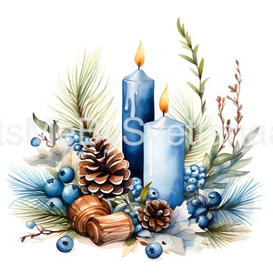 Christmas Candle Watercolor Clipart, Christmas Blue Candle Painting ...