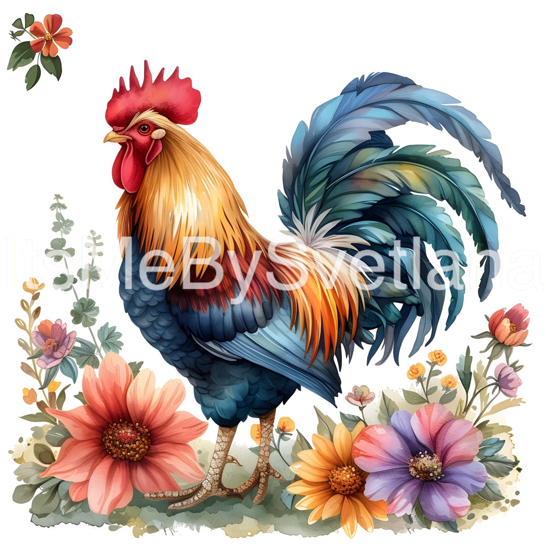Floral Rooster Watercolor Clipart, Rooster With Flowers, Card Making ...