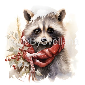 Christmas Baby Raccoon Clipart, 24 JPG Watercolor Files, Digital ...