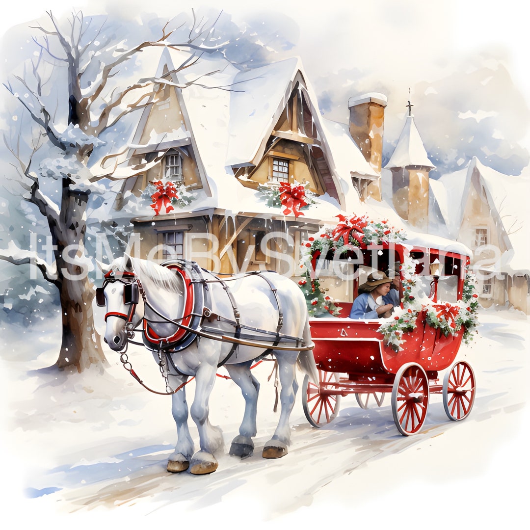 Christmas Horse and Carriage Watercolor Clipart, Winter Christmas Scene ...