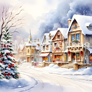 Winter Village Clipart, Watercolor Christmas Village, Christmas Scene ...