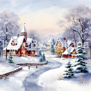 Winter Village Clipart, Watercolor Christmas Village, Christmas Scene ...