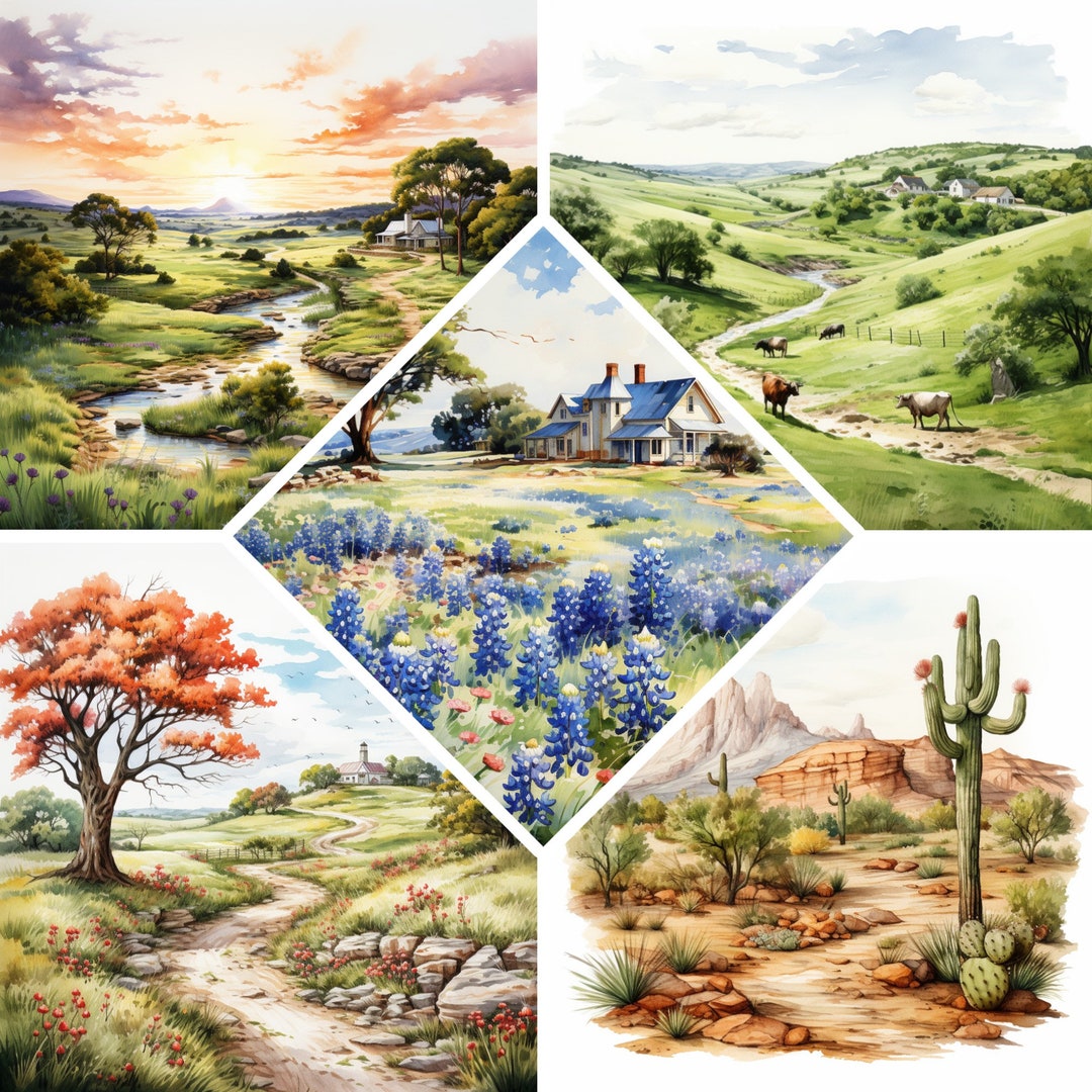 18 Texas Landscape Watercolor Clipart, Summer Texas Landscape Print ...