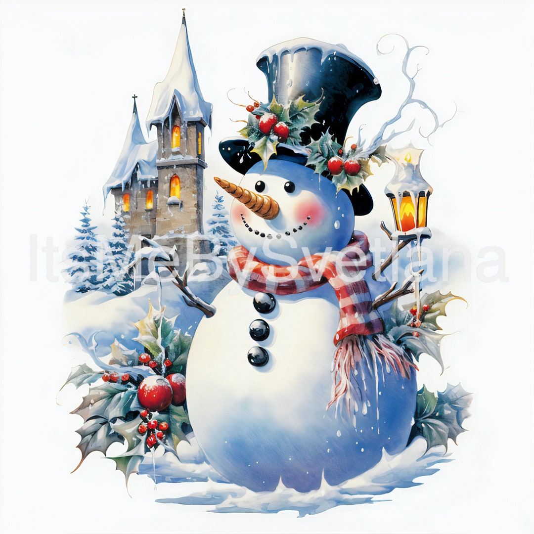 Christmas Snowman Watercolor Clipart, Winter Snowman Print, Book ...
