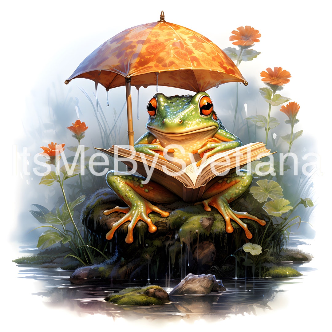 Red Eyed Tree Frog Reading a Book Watercolor Clipart, Fantasy Frog ...
