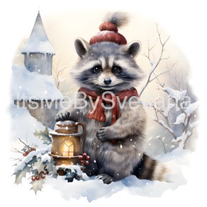 Christmas Baby Raccoon Clipart, 24 JPG Watercolor Files, Digital ...