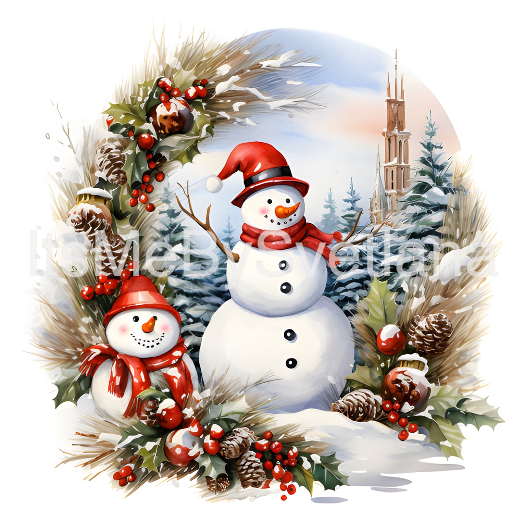 Snowman With Christmas Wreath Watercolor Round Printable Clipart, Print ...