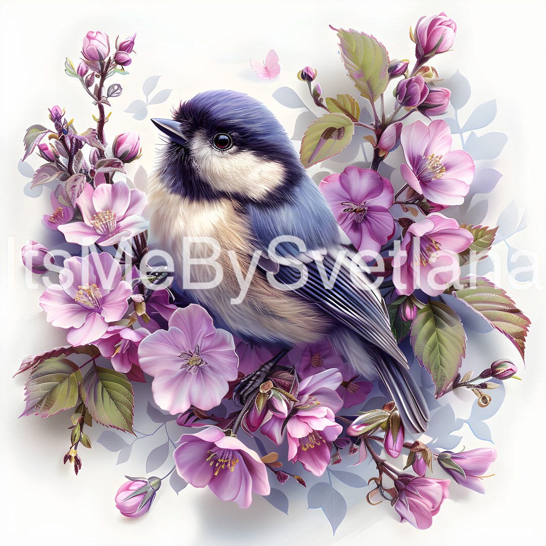 Floral Spring Chickadee Clipart, High Quality Jpgs, Instant Download ...