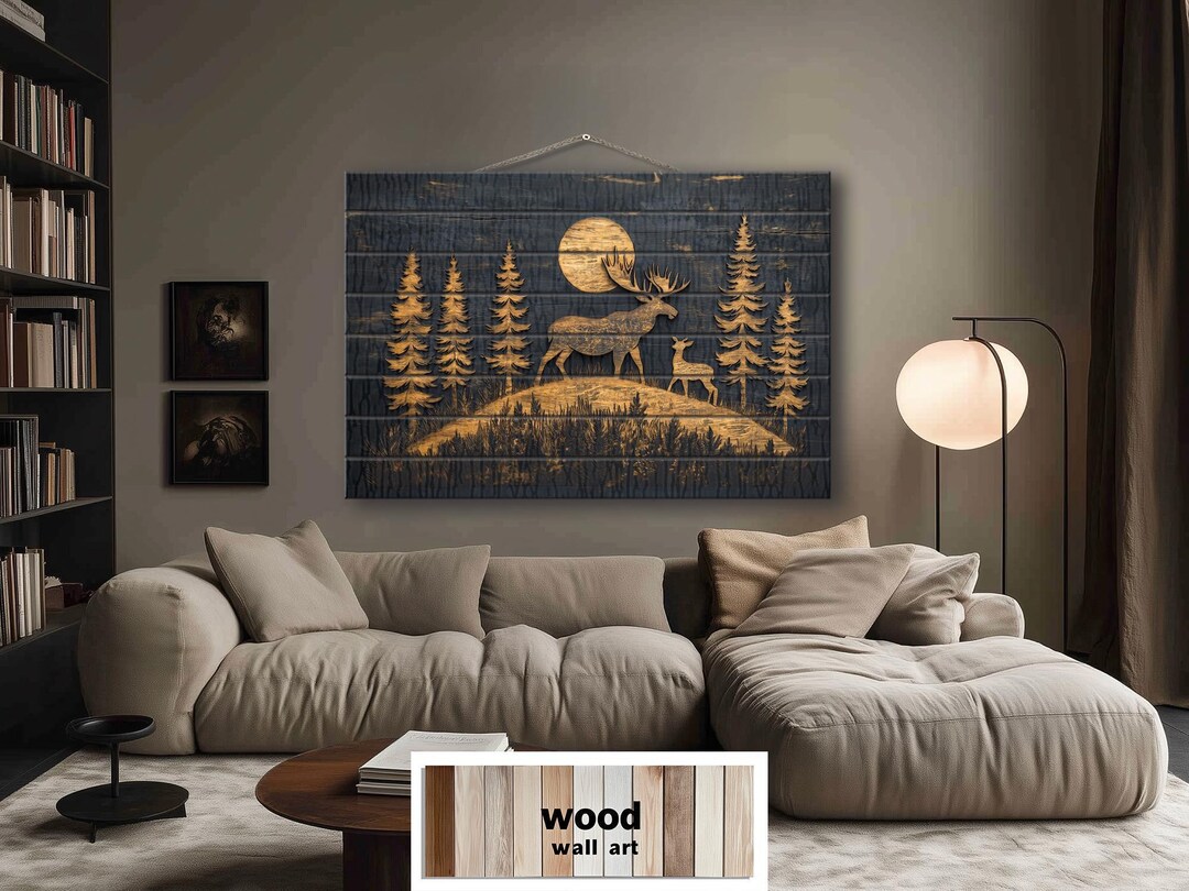 Rustic Distressed Wood Wall Art for Cabin Decor, Moose and Calf Under ...