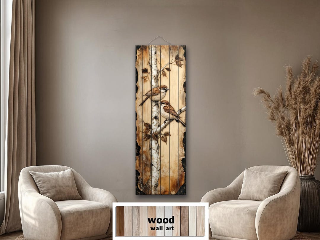 Birds on Birch Tree Tall Distressed Wood Wall Art, Vertical Narrow ...