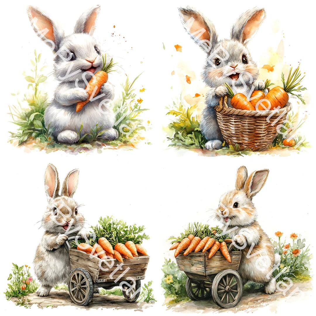 Cute Bunny With Carrot Watercolor Clipart Bundle, 16 JPG Files, Book ...
