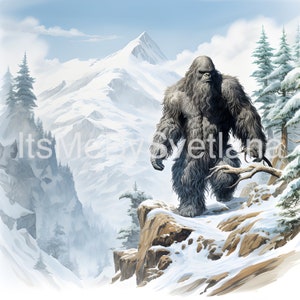 Bigfoot Watercolor Clipart, Fantasy Bigfoot in Mountains Print, Book ...